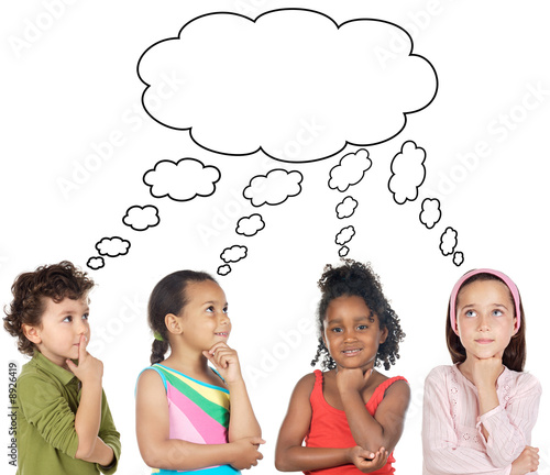 "multiethnic group of children thinking a over white background" Stock ...