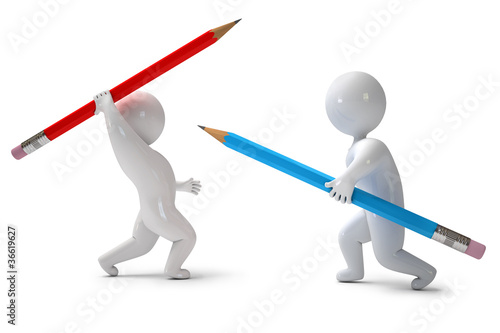 "Two men fighting with pencils, 3d render" Stock photo and royalty-free ...