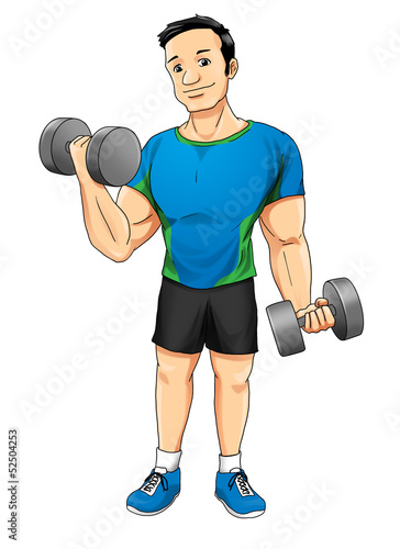 "Cartoon illustration of a man exercising with dumbbells" Stock photo ...
