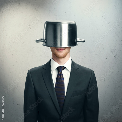 "Portrait of a man with pan on his head" Stock photo and royalty-free ...