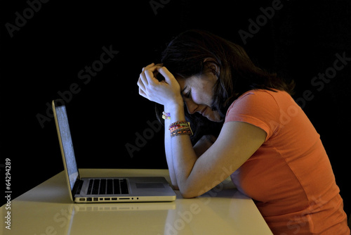"Young student woman and computer crying desperate suffering" Stock ...