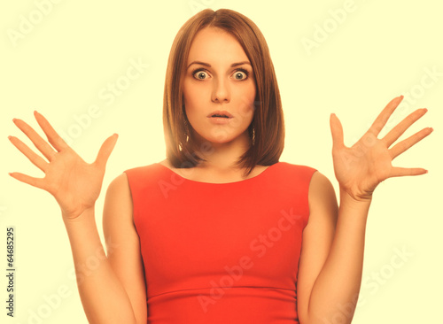 Surprised Excited Beautiful Brunette Woman Throws Up His Hands O