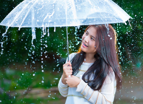 Alone Happy Girl In Rain