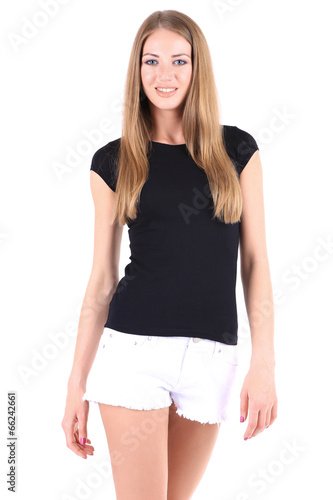 Beautiful Young Girl In Shorts And T Shirt Isolated On White Stock