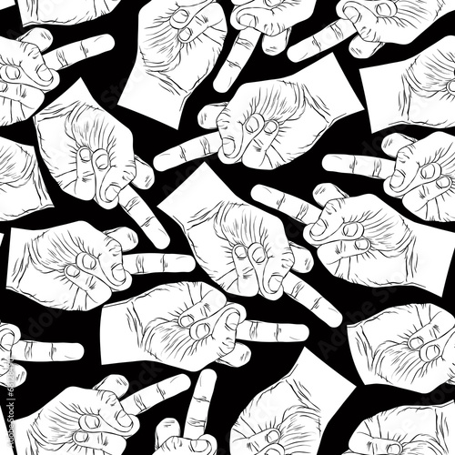 "Middle finger hands seamless pattern, black and white vector bac ...