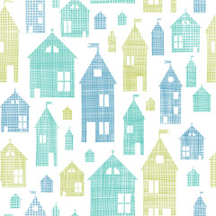 Sewing fabric with Houses blue green textile texture seamless pattern ...