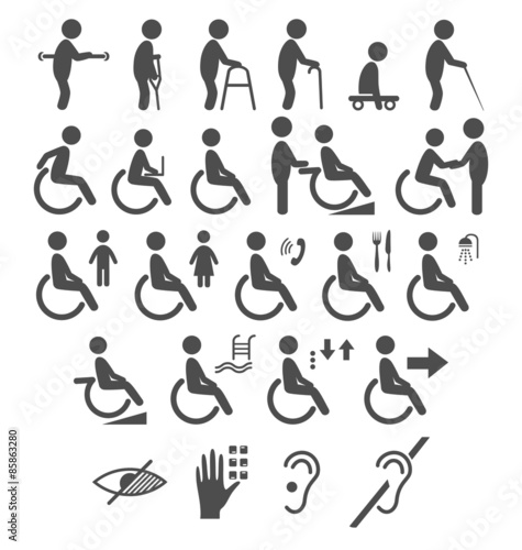 "Set of disability people pictograms flat icons isolated on white ...