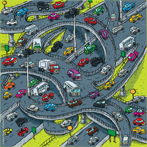 "A cartoon illustration of a busy, tangled highway intersection with ...