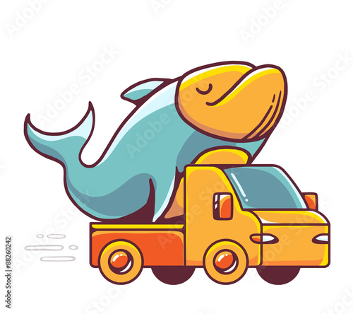 "Vector illustration of red car takes great blue fresh fish on wh ...