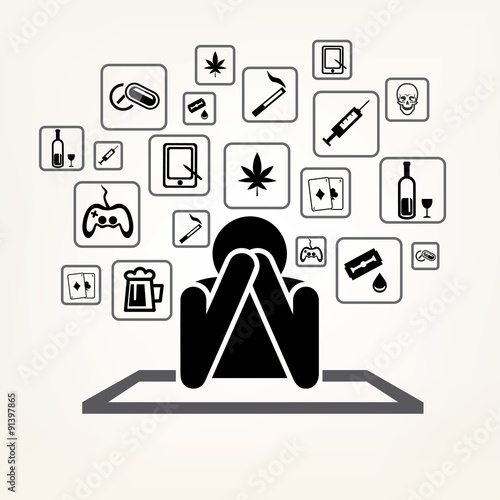 "addict man and set of addiction symbols, outlined vector sketch ...