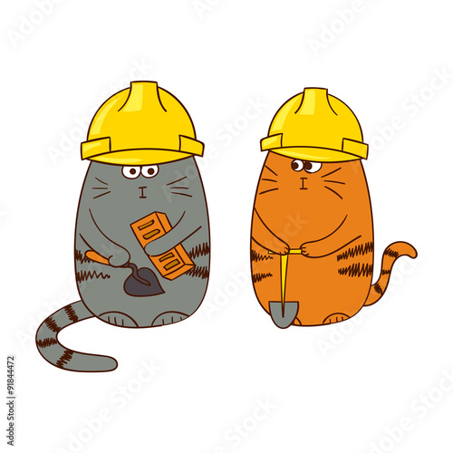 "Funny cartoon builders. Cute cats - construction workers. Vector ...