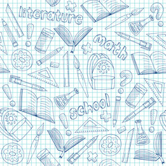 Sewing fabric with Vector school supplies pattern, hand drawn blue ...