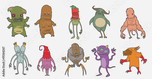 "Cartoon image of ten different monsters mutants of various shapes ...