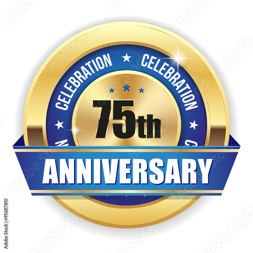 "Gold 75th anniversary badge with blue ribbon on white background ...