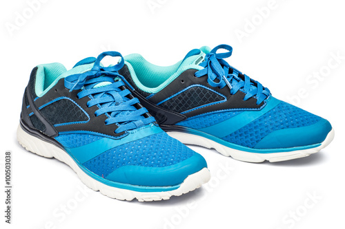 "Picture of a pair of blue trainers over a white background" Stock ...