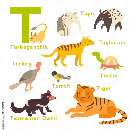 "T letter animals set. English alphabet. Vector illustration, isolated ...