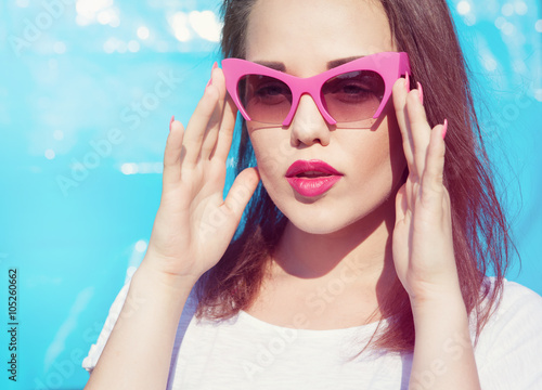 Colorful Portrait Of Young Attractive Woman Wearing Sunglasses Summer