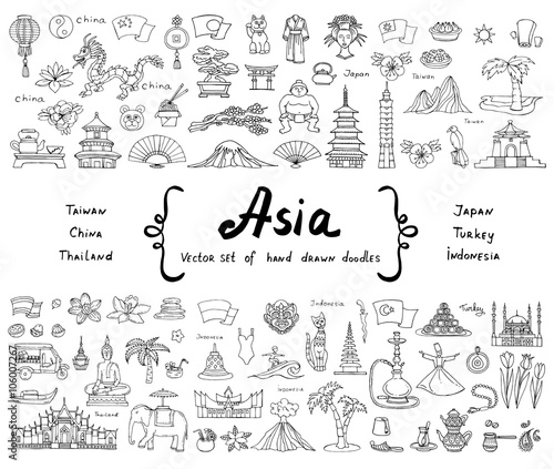 "Vector set with hand drawn isolated doodles on the theme of Asia ...