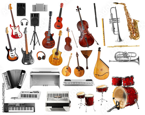 "Collage of musical instruments isolated on white" Stock photo and ...