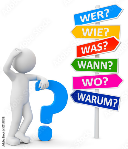 "3d Männchen mit Wegweiser und W-Fragen..Männchen mit Fragezeichen auf ...