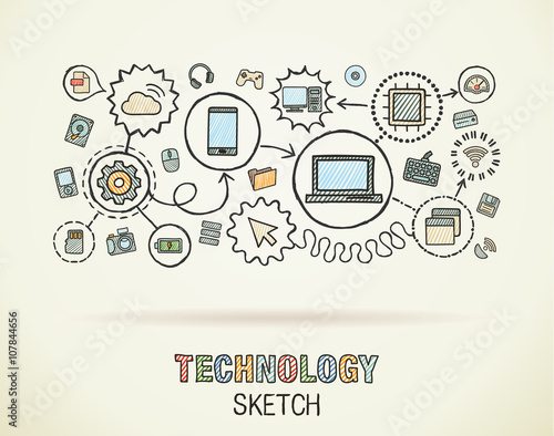 "Technology hand draw integrate icons set on paper. Colorful vector ...