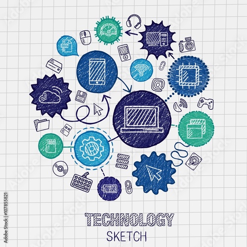 "Technology hand drawing integrated sketch icons. Vector doodle ...
