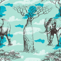 Sewing fabric with African pattern, baobab tree and elephant summer ...