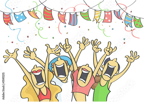 "Funny cartoon illustration of group of people partying." Stock image ...
