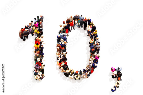 "People forming the shape as a 3d number ten (10) and a comma symbol on ...