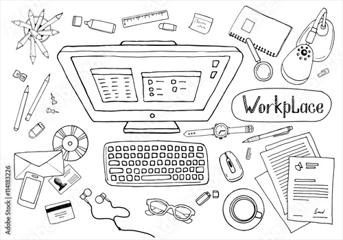 "Sketchy concept of creative office workspace. Items, stationery ...