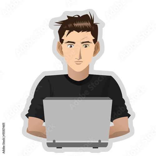 "flat design young man with computer icon vector illustration" Stock ...