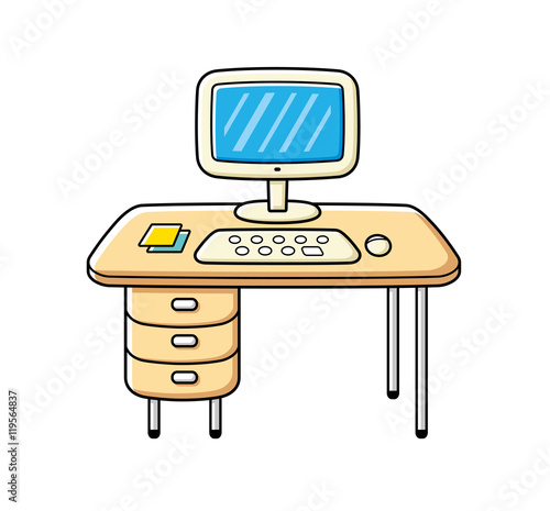 "Computer on office table isolated, work place vector cartoon ...