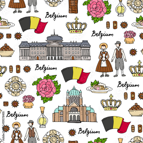 "Vector seamless pattern with hand drawn colored symbols of Belgium ...