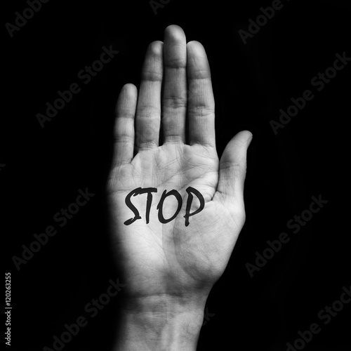"Black and white open hand with text Stop" photo libre de droits sur la ...