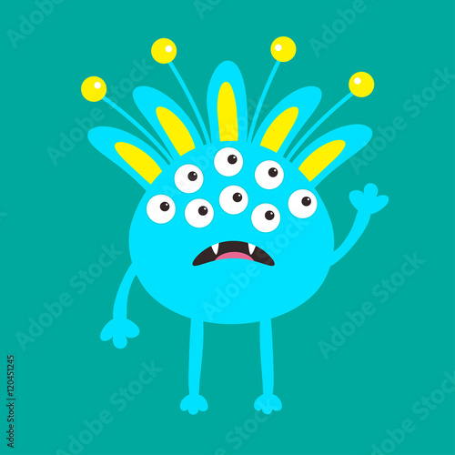 "Blue monster with ears, fang tooth and horns. Funny Cute cartoon ...