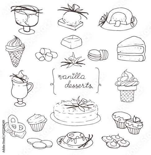 "Hand-drawn collection of the different vanilla desserts. Line art set ...