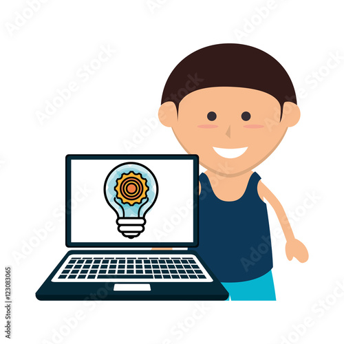 "avatar boy smiling with laptop computer and gears bulb icon on screen ...