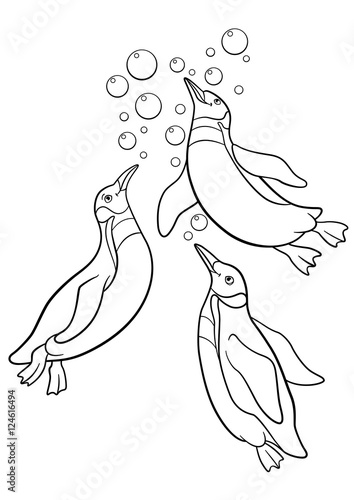 "Coloring pages. Three little cute penguins swim." 스톡 이미지, 로열티프리 벡터 파일 ...