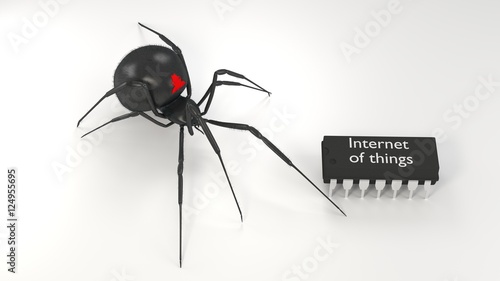 "Black hairy spider with a hacker symbol approaching a microchip with ...