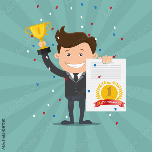 Business Man Holding Up Winning Trophy And Showing An Award