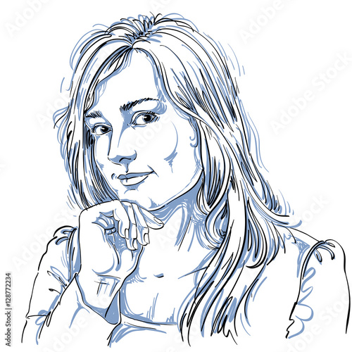 Vector Art Drawing Portrait Of Gorgeous Flirting Girl Isolated