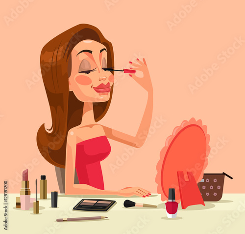 Woman Character Doing Make Up Vector Flat Cartoon Illustration Stock