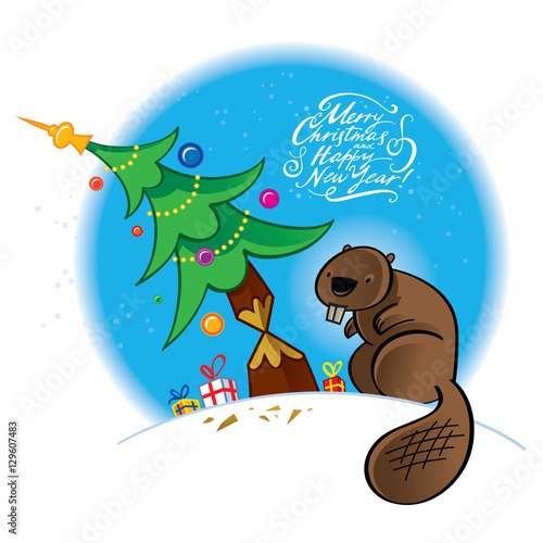 "Beaver gnawing Christmas tree - vector illustration cutting gnawing ...