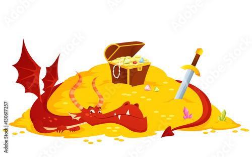 "cute red dragon guarding his golden treasure" Stock image and royalty ...