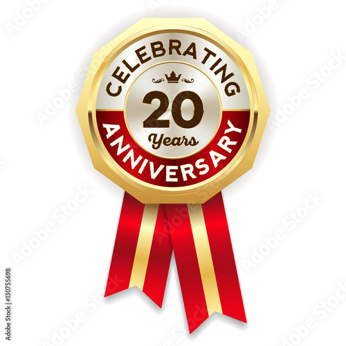 "Red celebrating 20 years badge, rosette with gold border and ribbon ...