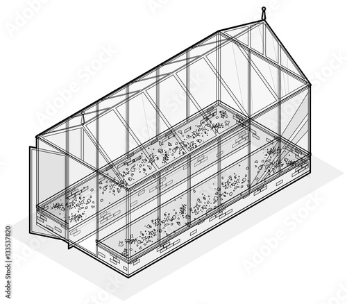 "Outlined isometric greenhouse with glass walls, foundations, gable ...