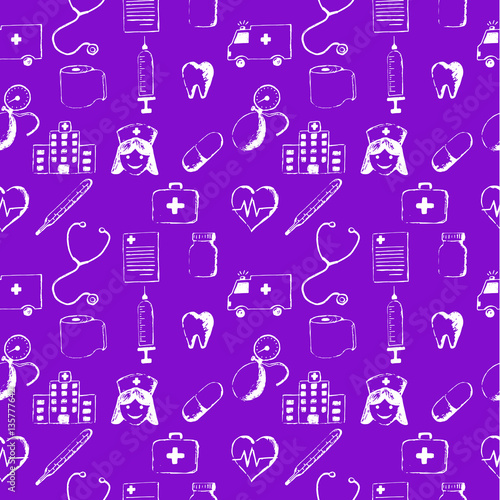 "Purple seamless pattern-medical items. This illustration is drawn with ...