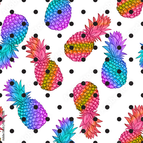 "Pineapple creative trendy seamless pattern. Neon colors fashionable ...
