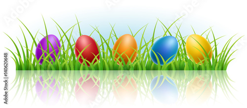 "Horizontal Easter banner with realistic colorful eggs in grass. For ...