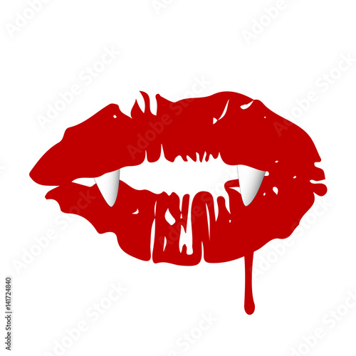 "Vampire's kiss. Lips trace with fangs and blood drip on white ...